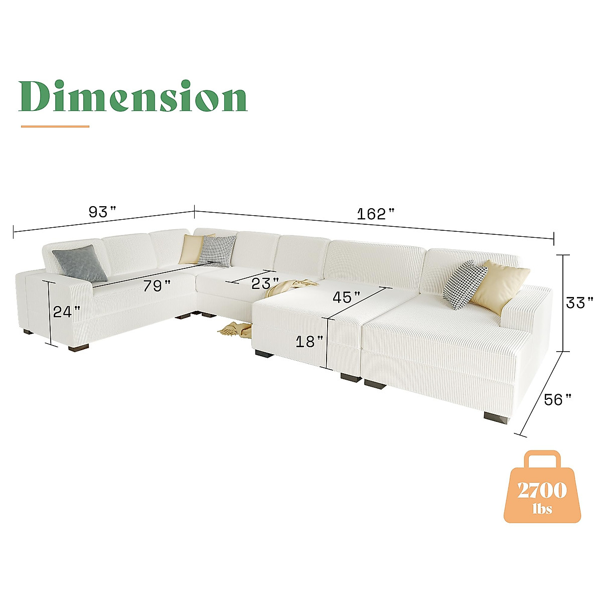 AMERLIFE 162Inch Oversized Sectional Sofa, U Shape Couch with Corner Seat, Corner Sofa with Right Facing Oversized Double Chaise, Large Sofa for Living Room, White Corduroy