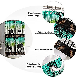 4 Pcs Shower Curtain Sets with Rugs Plant Turquoise Gradient Non-Slip Soft Toilet Lid Cover for Bathroom Forest Animals Bear Deer Wolf Elephant Bathroom Sets with Bath Mat and 12 Hooks