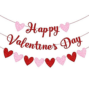 CAVLA Red Glittery Happy Valentine's Day Banner and Red Pink Glittery Hearts Banner Valentine's Day Banner Garland with Heart Signs Valentines Day Party Decorations for Valentines Wedding Anniversary Engagement Party Supplies