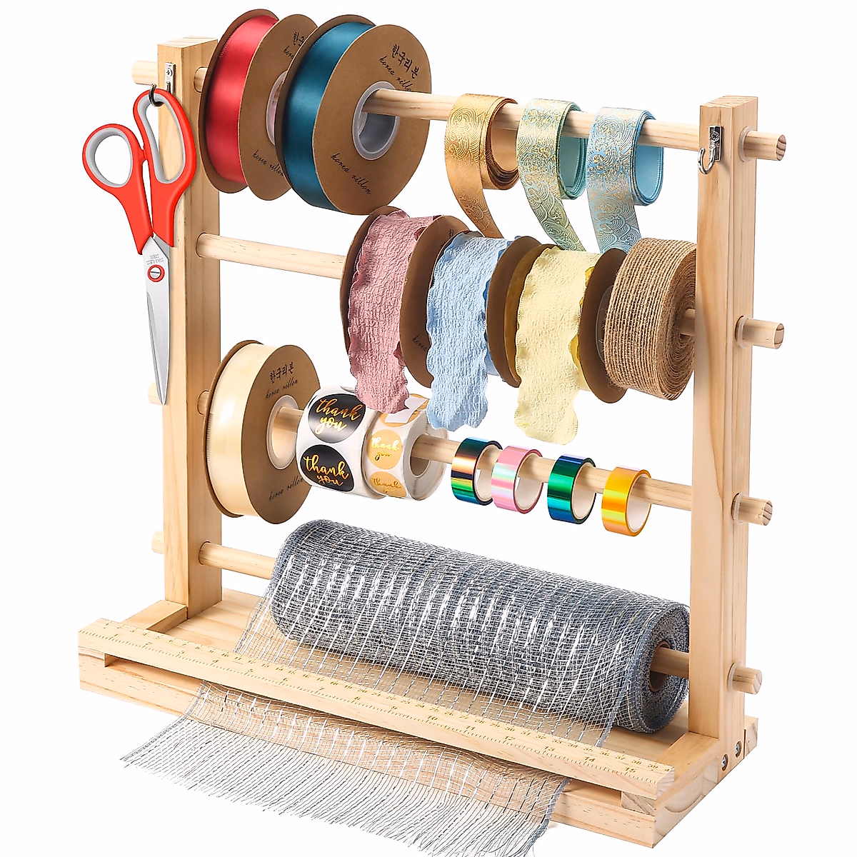 NewEle Ribbon Organizer - Wooden Ribbon Spool Holder for Mesh Ribbon Wreath Thread Tulle Roll Washi Tape, Ribbon Holder Organizer Rack for Craft Room, Florist Supplies, Wrapping Craft Present