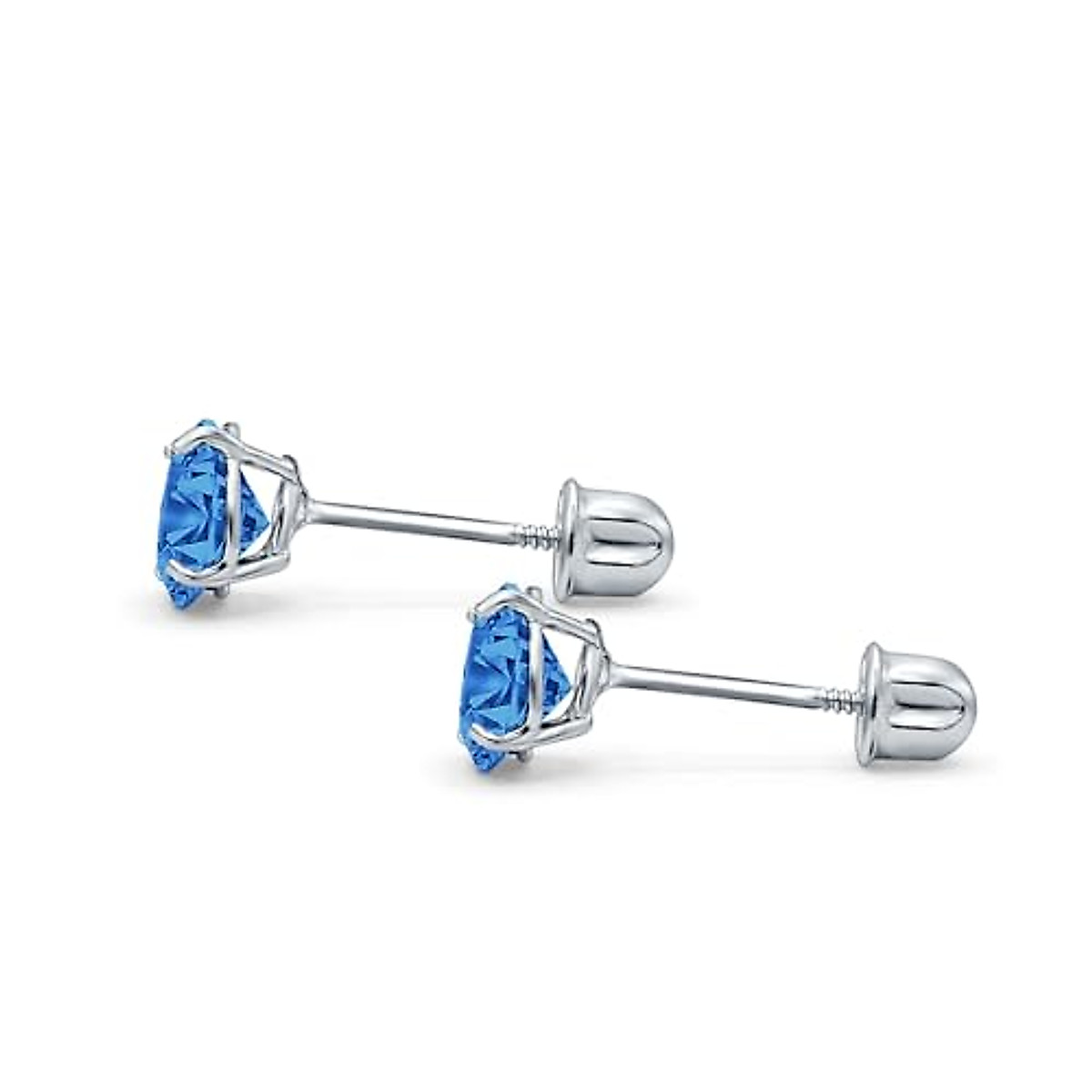 14k White Gold Round Solitaire Stud Earrings with Screw Back Blue Topaz CZ Size-4mm