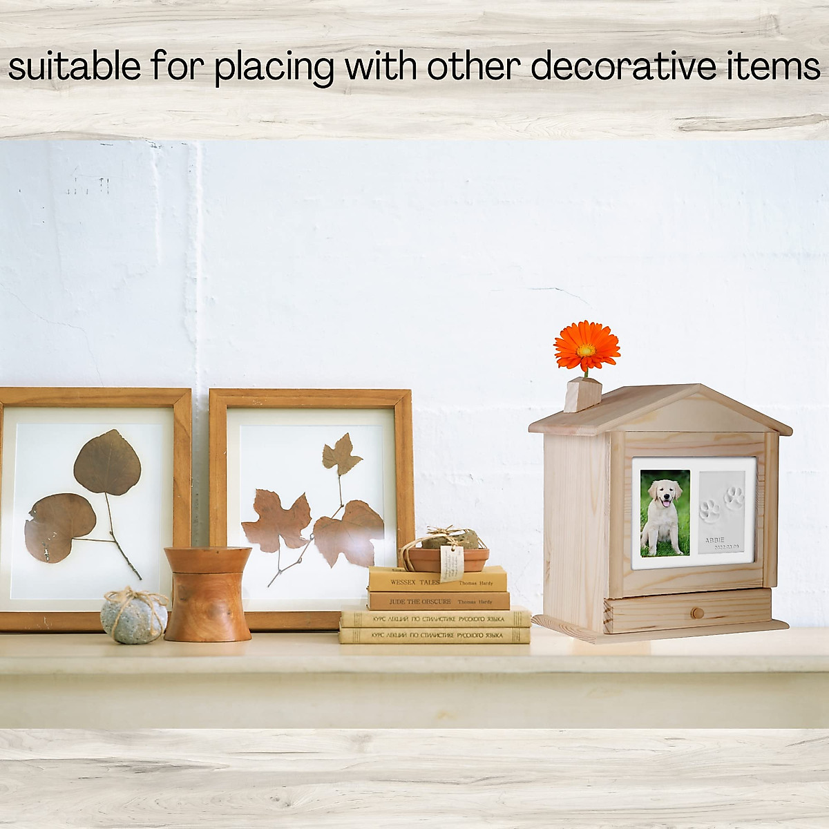 MonJolly Pet Urn, Wood Cremation Box with Photo Frame and Pawprint Clay for Personalized Urns. Memorial Keepsake for Ashes of Dogs, Cats, Small Animals. Bag for Ashes Included. Pet Memorial Gift.