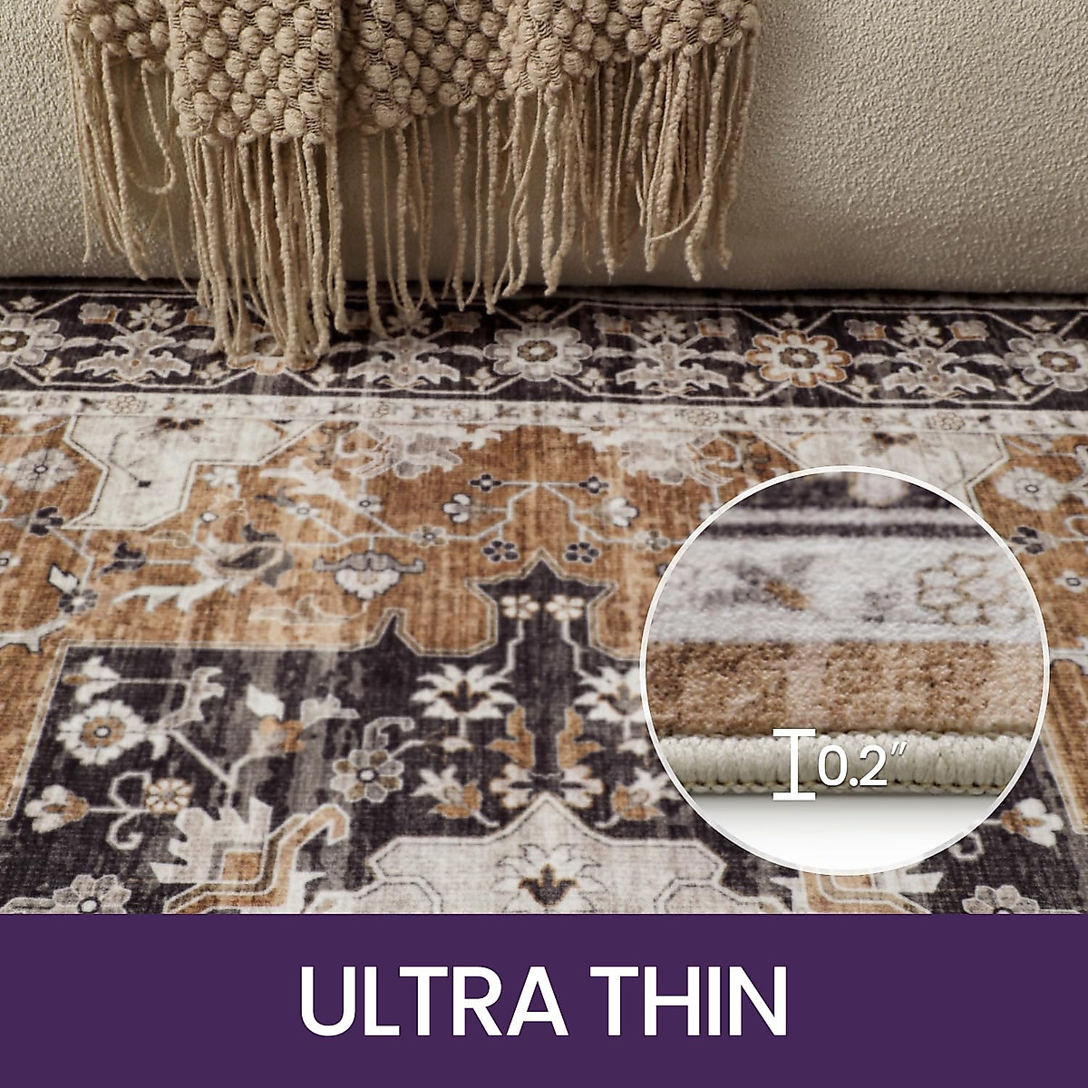 DEXI Washable Area Rug, Soft Vintage Indoor Rugs for Bedroom Living Room Kitchen Dining Room, Non-Slip Low-Pile Floor Carpet Mat for High Traffic Inside House, 8'x12', Brown