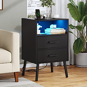 Diliplain Nightstand with Charging Station, Black Night Stand with LED Lights, Modern Side Table with Drawers and Open Shelf, End Table with Solid Wood Legs for Bedroom