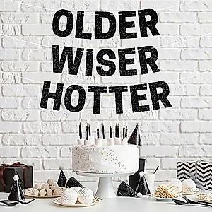 Pre-Strung Older Wiser Hotter Banner - NO DIY - Black Glitter Happy Birthday Party Banner - Pre-Strung Garland on 8 ft Strands. Black Birthday Party Decorations For Men & Women. Did we mention no DIY?