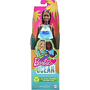 Barbie Loves The Ocean Beach-Themed Doll (11.5-inch Brunette), Made from Recycled Plastics, Wearing Fashion & Accessories, Gift for 3 to 7 Year Olds