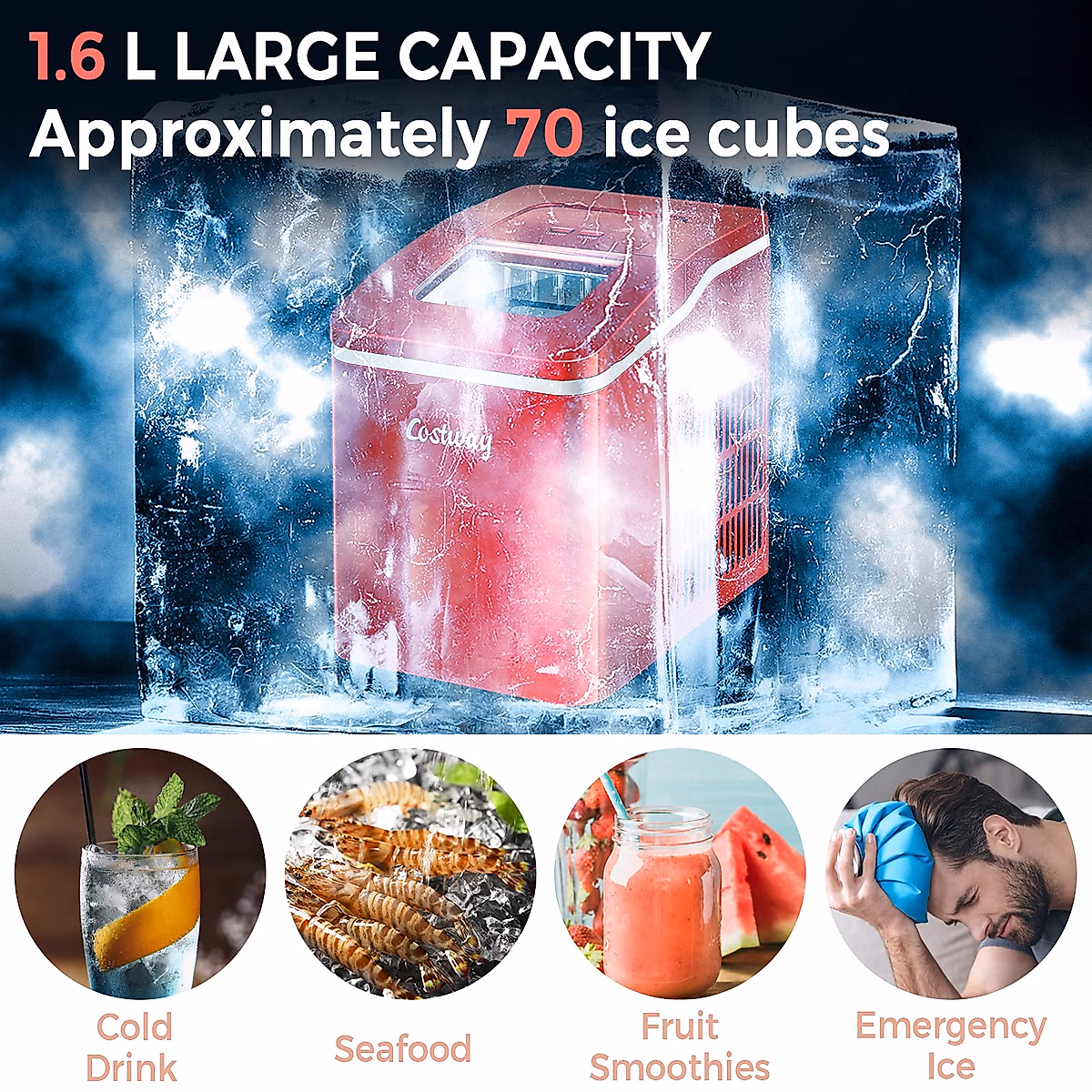 MAT Expert Countertop Nugget Ice Maker, 26LBS/24H, 9 Cubes in 8 Min, Bullet-Shaped Ice Makers, 1.6L Water Tank & 1.6L Bucket, Scoop, Self-Clean Compact Tabletop Ice Maker for Home/Bar/Office (Red)