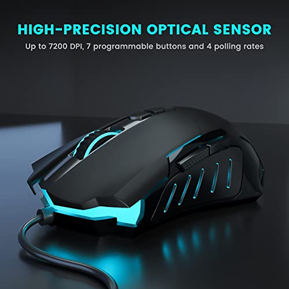 WEEMSBOX Wired Gaming Mouse [Breathing RGB LED] [Plug Play] High-Precision Adjustable 7200 DPI, 7 Programmable Buttons, Ergonomic Computer USB Mice for Windows/PC/Mac/Laptop Gamer