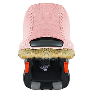 Yinuoday Baby Car Seat Cover with Faux Fur Hem Winter Knitted Stretchy Infant Stroller Cover Carseat Canopy for Boy Girl Indoor Outdoor