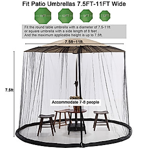 7.5-11 FT Patio Umbrella Mosquito Net, Polyester Mesh Umbrella Screen, Universal Canopy Umbrella Mosquito Netting with Zipper Door and Adjustable Rope, Fit Outdoor Umbrellas and Patio Tables