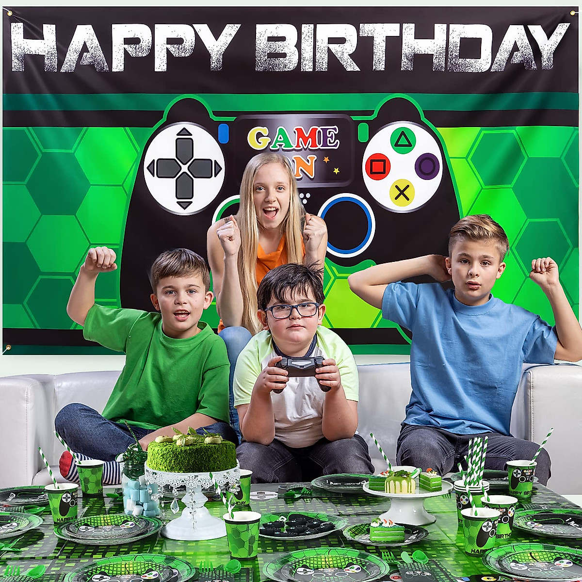 WERNNSAI Video Game Birthday Backdrop - Video Game Party Decorations for Boys 73" x 43" Game On Party Photo Background Level Up Gaming Themed Party Supplies Birthday Banner Wall Decor