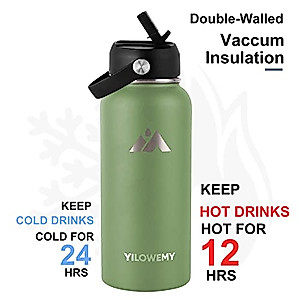 32 oz Water Bottle Stainless Steel with Straws & 3 Lids, Double Wall Vacuum Insulated Water Bottle 32oz Leak Proof Metal Thermos Mug, 32 Ounce Wide Mouth Water Jug Army Green Water Bottle for Sports