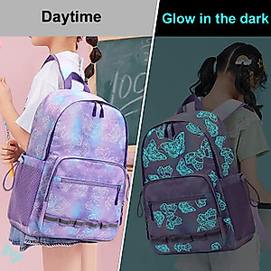 CAMTOP Backpack for Girls Luminous Water Resistant Lightweight School BookBag Casual Daypack for School Travel Hiking (Purple Butterfly)