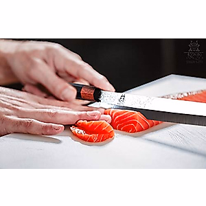 Dalstrong Ronin Series Japanese AUS-10V Damascus Steel Yanagiba Sushi Kitchen Knife with Red & Black G10 Handle, 10.5 Inches, Sheath Included