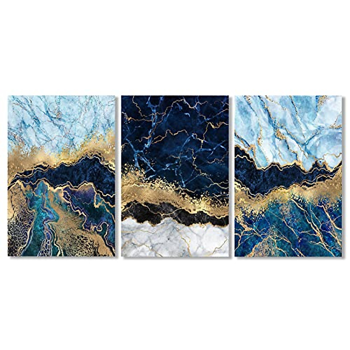 Navy Blue and Gold Marble Wall Art Abstract Marble Modern Trendy Canvas Prints Blue and White Marble Painting Abstract Shaped Artwork Light Blue and Navy Wall Art Abstract Marble 16x24inx3pcs No Frame