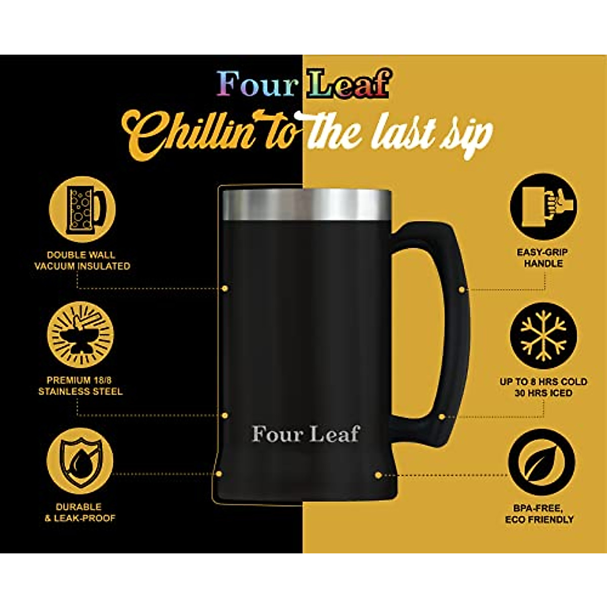 Four Leaf Beer Mug with Handle - 24 Oz Mug Vacuum Insulated, Stainless Steel - Insulated Coffee Mug, Beer Stein, Beer Cup, Travel Mug, Coffee Tumbler (Black)