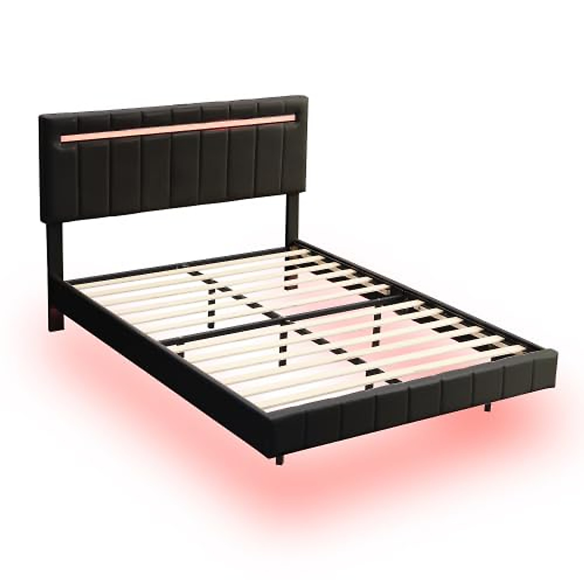 anwickjeff Queen Size Floating Bed Frame with LED Lights and USB Charging,Modern Queen Upholstered Platform LED Bed Frame with Headboard, Low Profile Platform Bed for Bedroom, (Black, Queen)