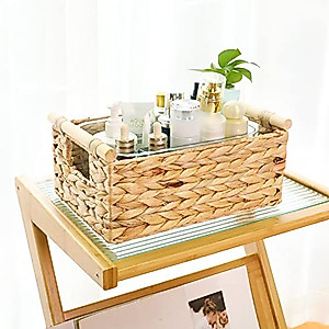 LaMorée Storage Baskets 3 PCS Hand Woven Natural Wicker Storage Bins Boxes with Wooden Handles Decorative Water Hyacinth Clothes Towel Food Container Organizer for Home Kitchen Laundry Room