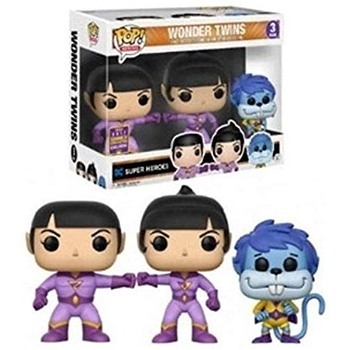 Funko - Wonder Twins-Zan, Jayna & Gleek 3Pack-Sdcc Summer Convention DC Comics Super Heroes Figurine, Multicoloured, 14613