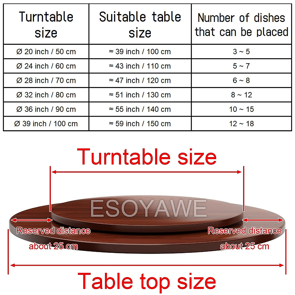Round Lazy Susan Turntable For Dining Table, Ø 20-39 Inch Wooden Tabletop Rotating Plate, 360 ° Smooth Rotation Table Service Tray With Silent Bearing Base