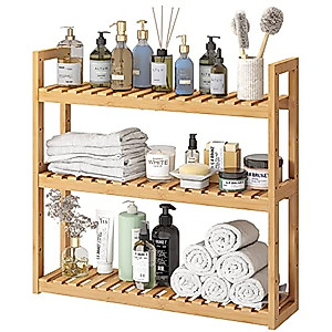 FILWH Bathroom Shelf Bamboo Organizer Rack Adjustable 3-Tier Storage Shelf Wall Mounted Storage Rack Over The Toilet Utility Shelves Living Room Kitchen Shelf(Natural)