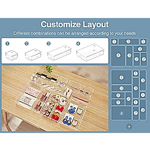 Puroma 25 PCS Drawer Organizer with Non-Slip Silicone Pads, 4-Size Versatile Vanity Drawer Storage Bins, Clear Plastic Drawer Organizer Trays, Customize Layout Organizer for Makeup and Bathroom Vanity