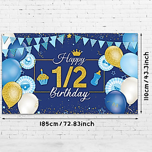 1/2 Birthday Decoration Backdrop Blue and Gold Half Birthday Banner 6 Months Happy Birthday Background Half Birthday Party Supplies Photo Booth Props for Photography (3.6 x 6 Feet)