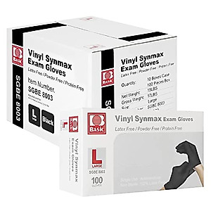 Basic Disposable Medical Synmax Vinyl Exam Gloves- 4 mil Safty Glove 1000pcs - Latex-Free & Powder-Free - SGBE 8003, Large (Case of 1000, Black)