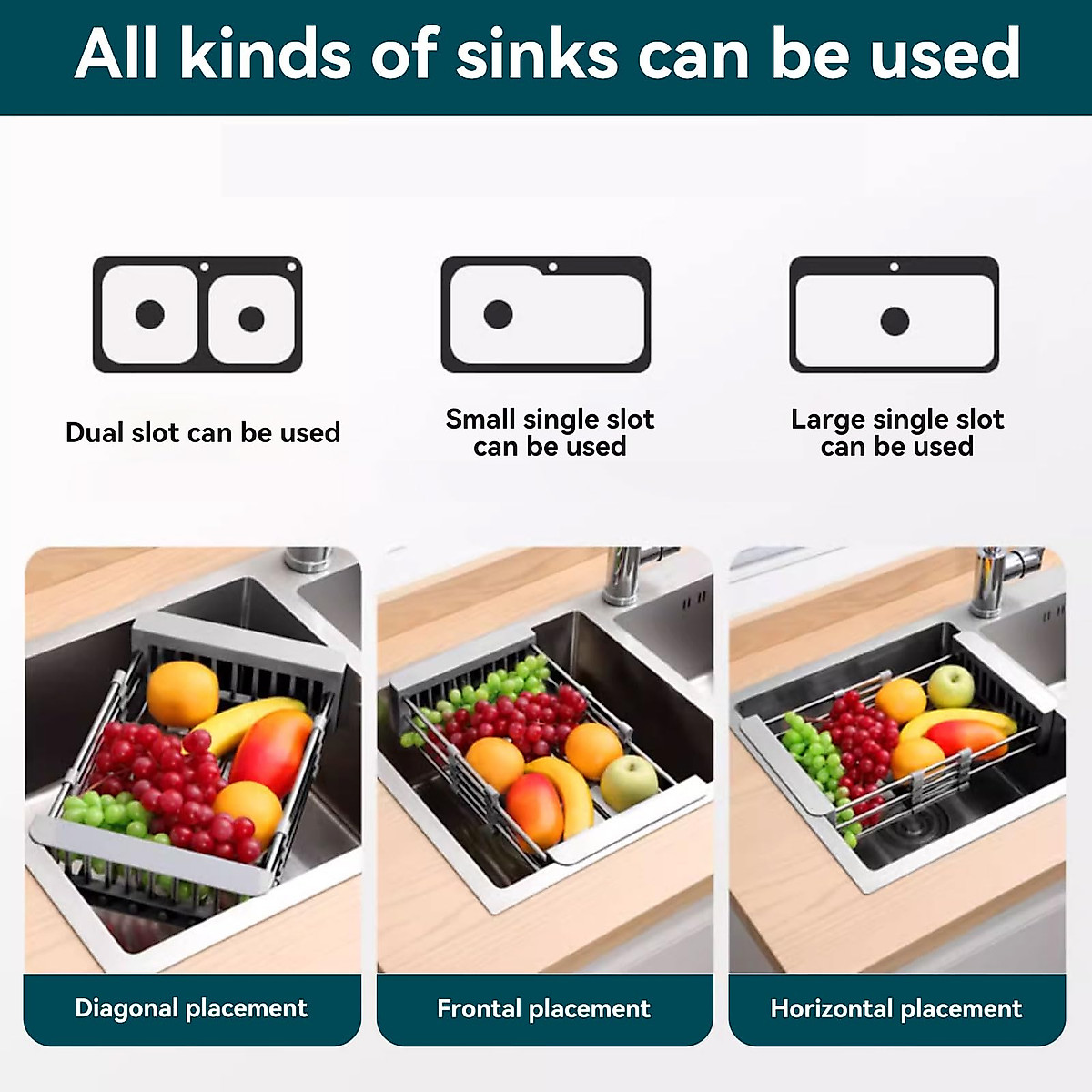 Over The Sink Dish Drying Rack, Retractable Stainless Steel Sink Strainer Telescopic Drain Basket Kitchen Rack Drain Basket Sink Organizer for Vegetable and Fruit(L-Gray)