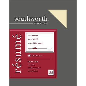 Southworth® 100% Cotton Résumé Paper, 8 1/2" x 11", 24 Lb, 100% Recycled, Ivory, Pack Of 100