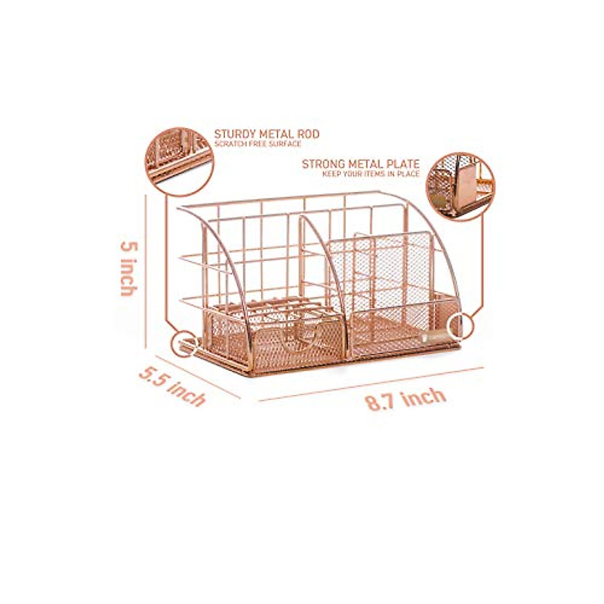 rosework Rose Gold Desk Organizer for Women, Mesh Office Supplies Desk Accessories, Features 5 Compartments + 1 Mini Sliding Drawer