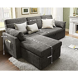 VanAcc Sofa Bed, 2 in 1 Pull Out Couch Bed with Storage Chaise for Living Room, Sofa Sleeper with Pull Out Bed, Gray Chenille Couch