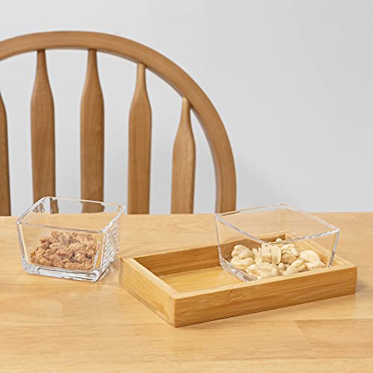 GOODSDECO Glass Serving Dishes with Wood Serving Tray, Divided Serving Platters with Wood Tray, Glass Bowl and Platters for Parties (2pcs)