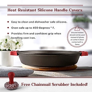 Cuisinel 15" Cast Iron Skillet Braiser + Chainmail Scrubber + Silicone Handle Grips - Dual Loop Handle Large Frying Pan with Cleaner - Indoor/Outdoor, Camping, BBQ Cookware