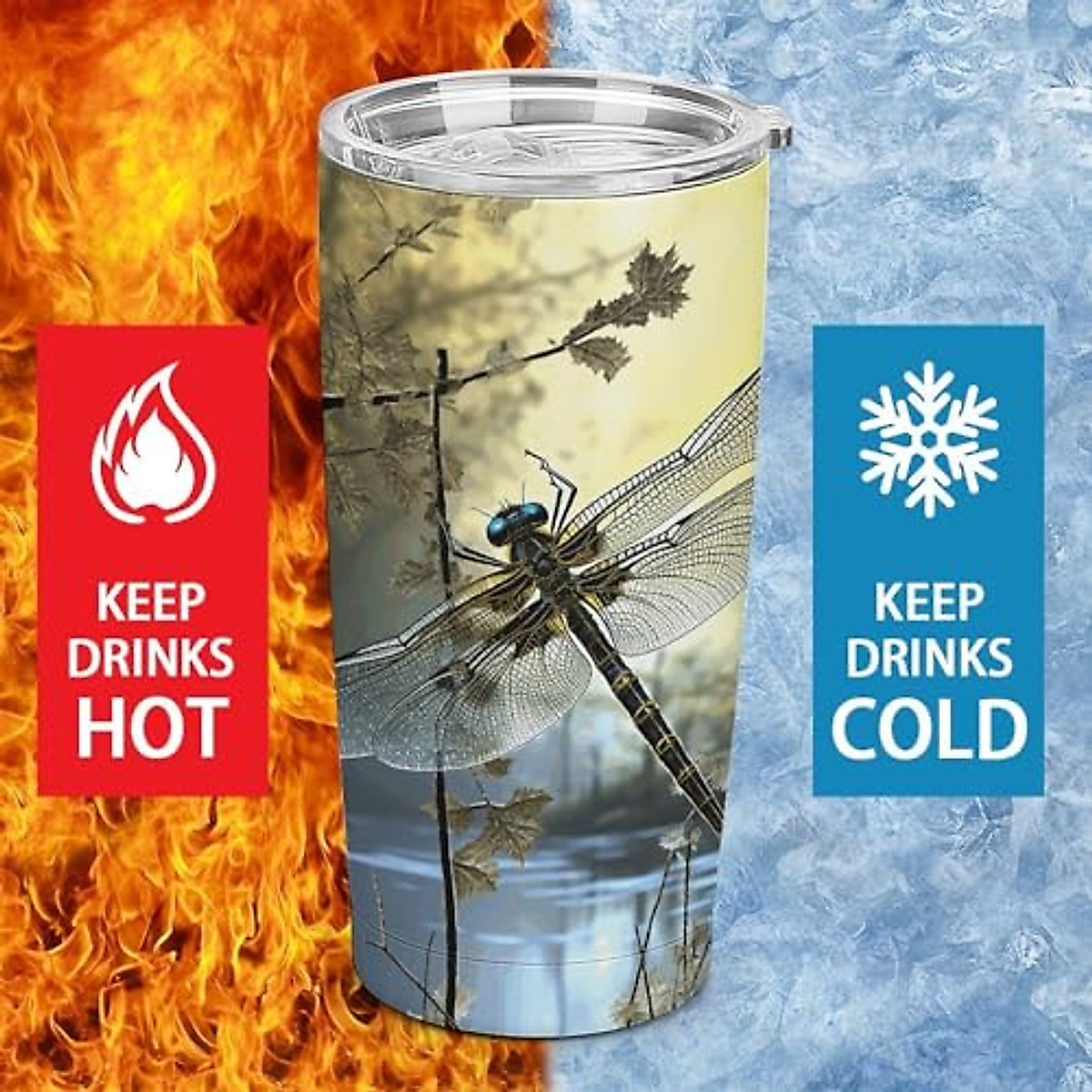 FHENMSA Stainless Steel Insulated Travel Coffee Mug,Dragonflies Print Reusable Car Cup,Thermal Cup for Outdoor with Straw And Lid