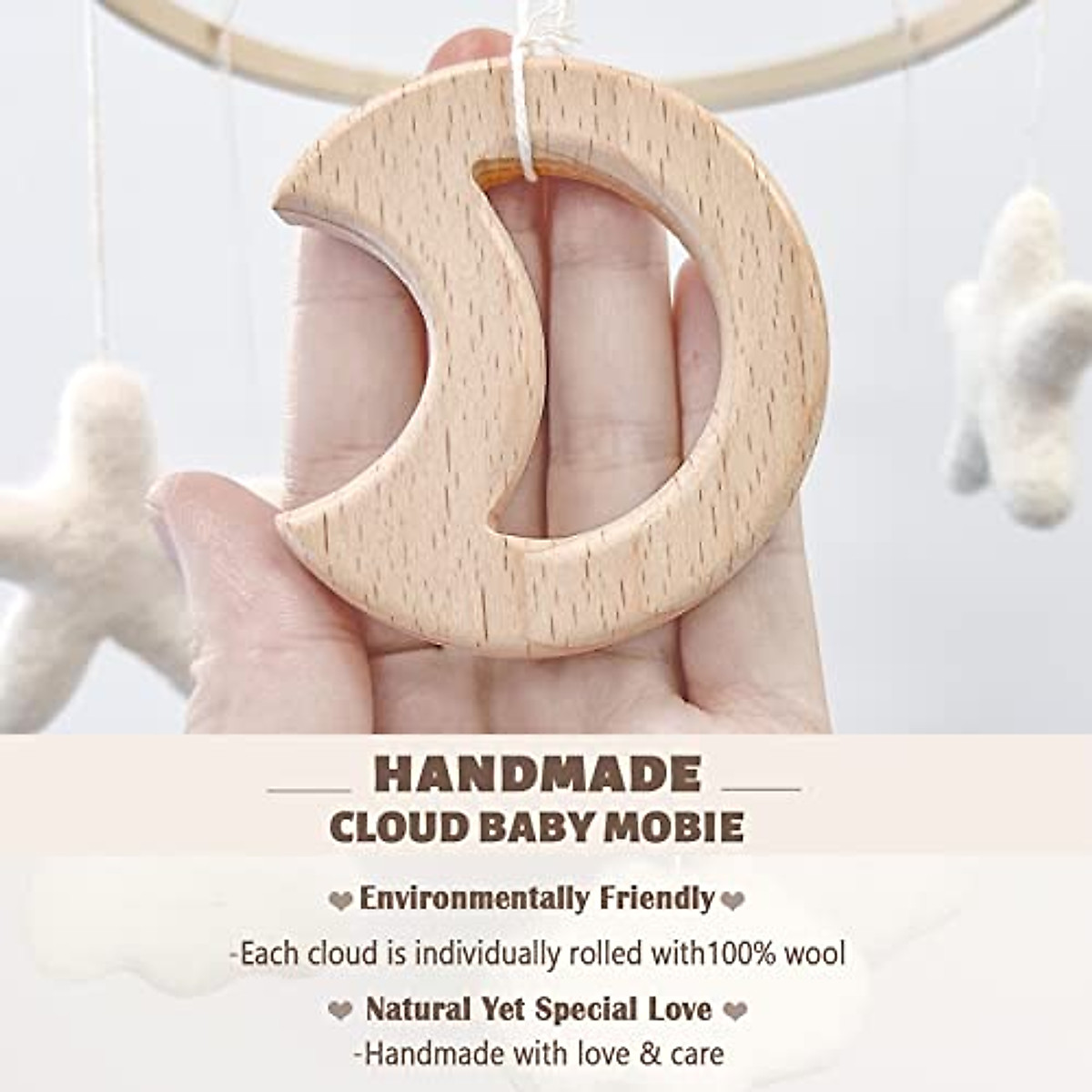 Mobile for Crib - Baby Mobile for Crib - Baby Crib Mobile - Crib Mobile for Girls, Boys - Baby Mobile for Bassinet - Gender Neutral Color Theme - Felt Cloud, Felt Star, Wood Moon