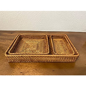 Rattan Tray Set of 3 - Serving Tray Wicker Rattan Set - Tabletop Cake, Fruit Platter, Coffee Table Tray - VILLAGE WONDERS