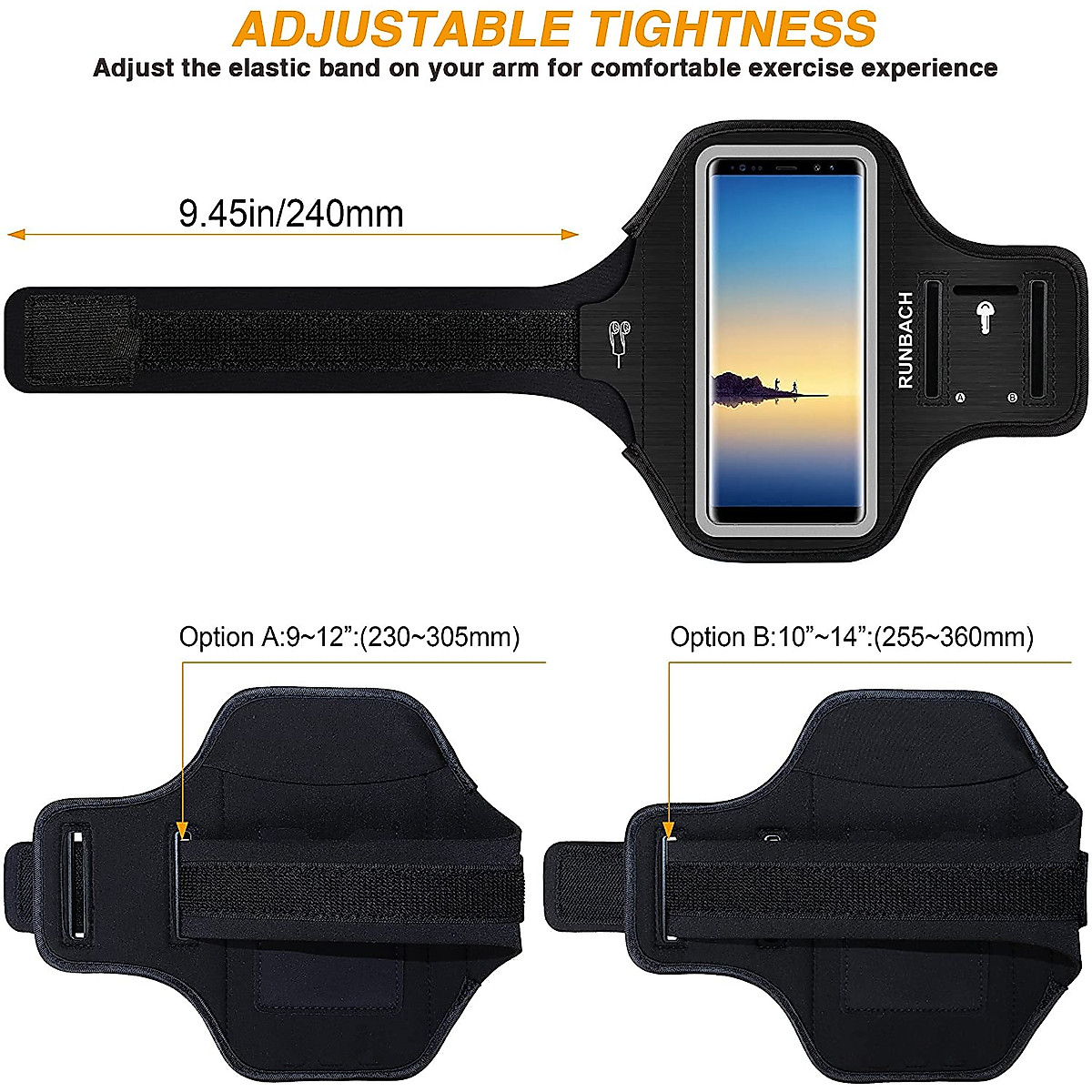 RUNBACH Galaxy Note 20/10+/9/8 Armband,Sweatproof Running Exercise Bag with Key Holder and Card Slot for Galaxy Note 20/10+/9/8(Black)
