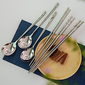 YAPULLYA Reusable Chopstick and Spoon Set, Korean Long Handle Stainless Steel Spoon and Chopsticks Set, Dishwasher Safe Metal Chop sticks, Set of 3. (Multi-patterned)