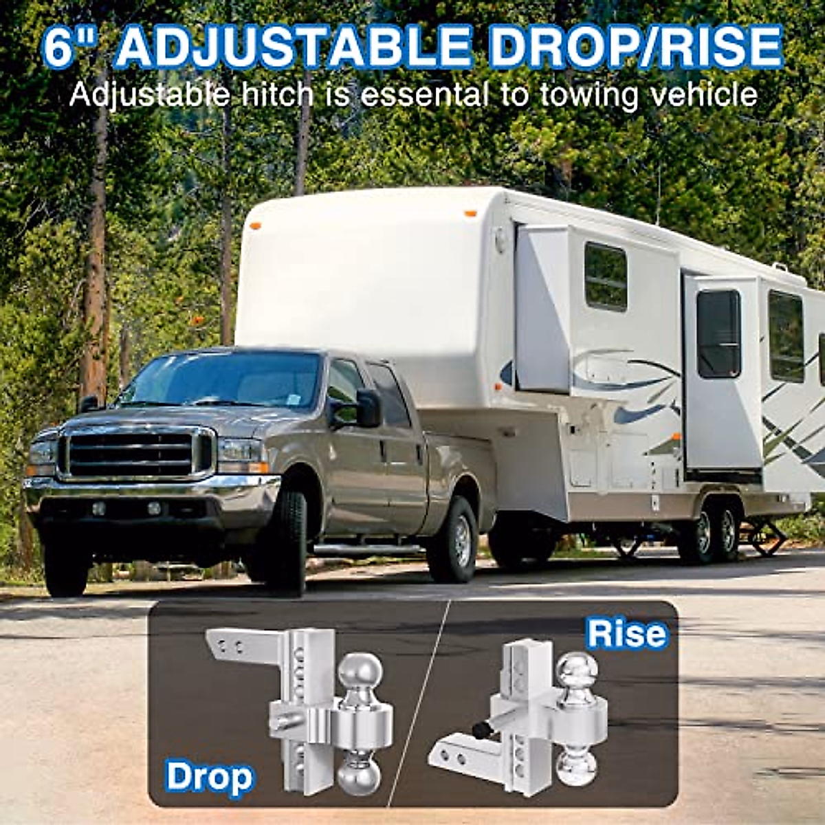 TOLEAD Adjustable Trailer Hitch, Fits 2" Receiver, 6" Drop/Rise Aluminum Hitch, 12,500 LBS GTW, 2" and 2-5/16" Double Hitch Ball Mount, Tow Hitch with Double Anti-Theft Pins Locks, Silver