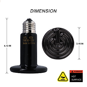 HANJION 75W Ceramic Heat Lamp, Infrared Reptile Heat Emitter Heater Lamp Bulb for Pet Brooder Coop Chicken Lizard Turtle Snake Aquarium, No Light Emitting No Harm - 2 Pack