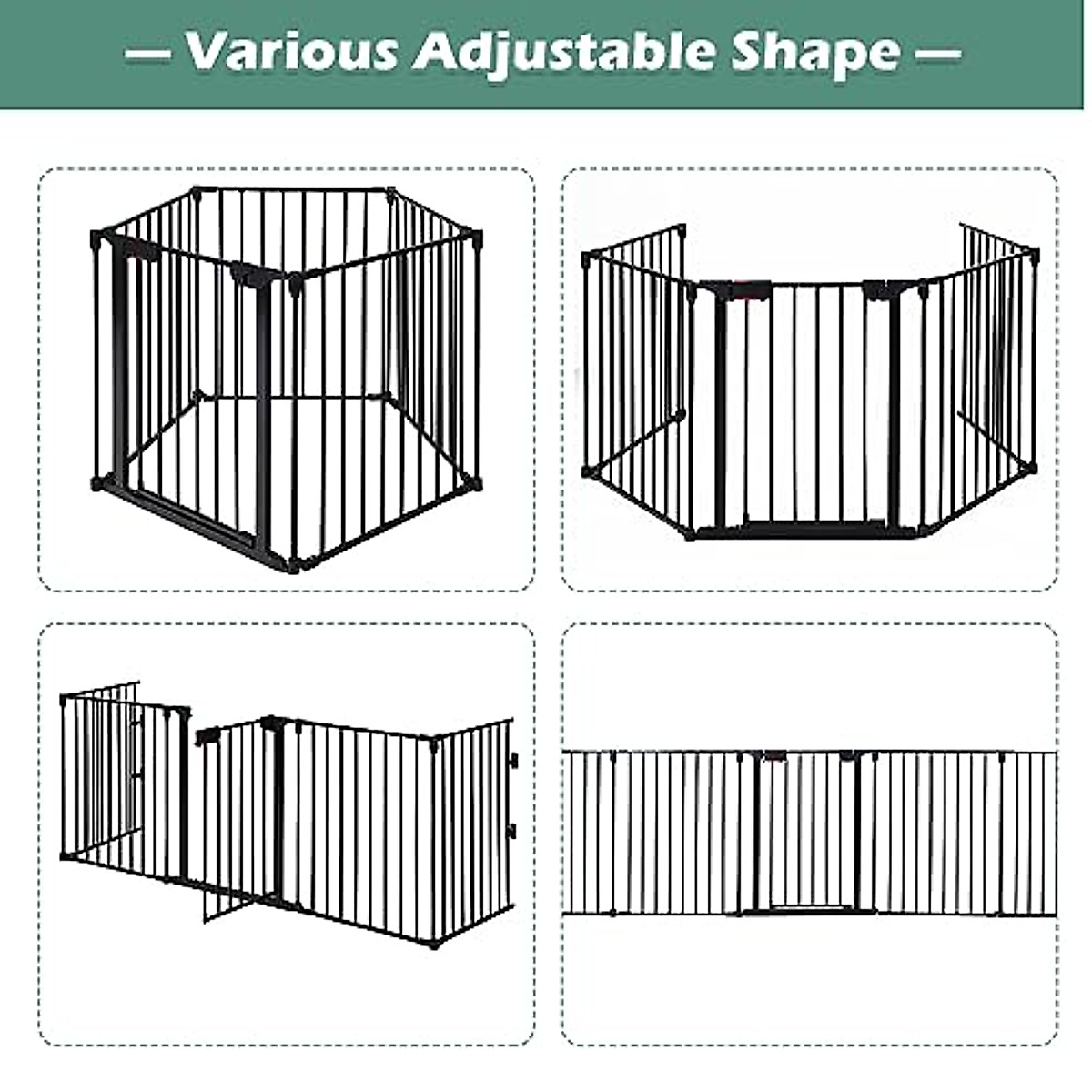 Costzon Baby Safety Gate, 121 Inch Length 5 Panel Adjustable Wide Fireplace Fence, BBQ Metal Fire Screen Gate, Pet Isolation Fence with Walk-Through Door, Freestanding Pets Gate (Black, 5-Panel)