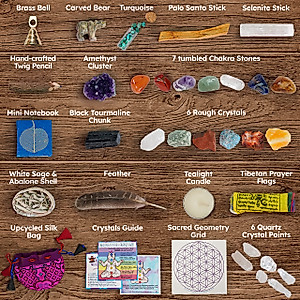 DANCING BEAR Deluxe Healing Crystals (35 Pc Set) Altar & Meditation Kit, Chakra Balance Stones, Abalone Shell & Sage, Smudge Feather, Real Turquoise, Spirit Animal, Bell, Prayer Flag, Made in USA