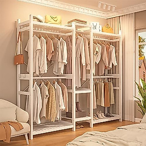 Homykic Bamboo Clothes Rack, Large Closet System Clothing Rack for Hanging Clothes, Freestanding Garment Rack with Shelves and 5 Rods, Open Wardrobe Organizer with 4 Hooks, 70”Wx77”H, White