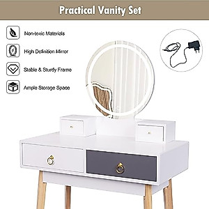 Bituman Makeup Vanity Set with 3-Color Dimmable Lighted Mirror, Bedroom Makeup Dressing Table with Cushioned Stool Modern Vanity Desk with 4 Drawers for Girls Women, White+Gray