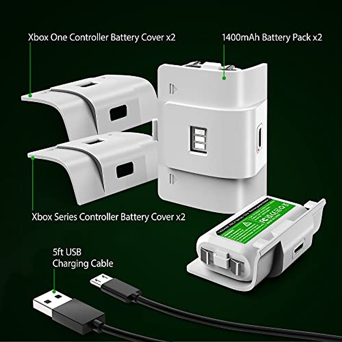 2 Pack Rechargeable Controller Battery Pack for Xbox One/Xbox Series X S with 4 Battery Cover (White) Play and Charge Kit with Micro USB Charging Cable for Xbox 1 S/X/Elite Wireless Remote