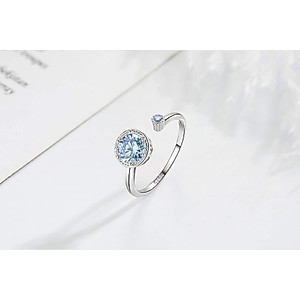 Presentski March Birthstone Rings for Women Sterling Silver CZ Blue Aquamarine Birthstone Adjustable Rings