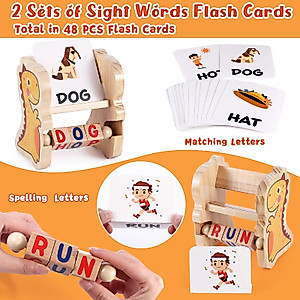 Atoylink Wooden Reading Blocks Spelling Games with Sight Word Flash Cards Turning Rotating Letters Dinosaur Toy Preschool Spinning Alphabet Matching Letter Montessori Learning Toys for Kids Boys Girls