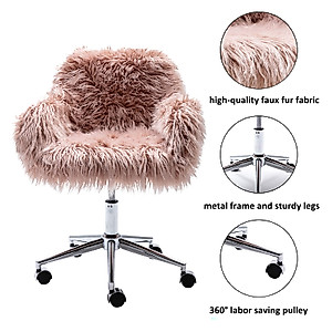 HomVent Fluffy Desk Chair Pink Faux Fur Vanity Chair Adjustable Swivel Computer Chair on Wheels Height Adjustable Cute Desk Chair for Makeup Room Teen Girls Bedroom Home Office (Pink)
