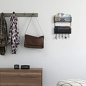 PAG Wall Mount Mail Organizer Double Basket Hanging Letter Sorter with 5 Key Hooks for Entryway/Kitchen/Mudroom/Home/Office, Black